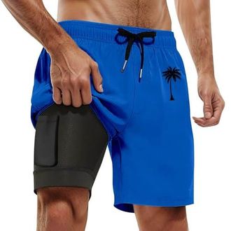 Generic Maillot de bain pour homme - Short d&eacute;t&eacute; tendance - Imprim&eacute; noix de coco - Double couche int&eacute;rieure - Pantalon de plage avec poche, bleu, 4XL