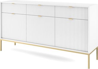 Selsey VELLORE - Kommode 3-t&uuml;rig mit 3 Schubladen, Wei&szlig; mit geriffelten Fronten mit goldenen Metallbeinen, 154 cm