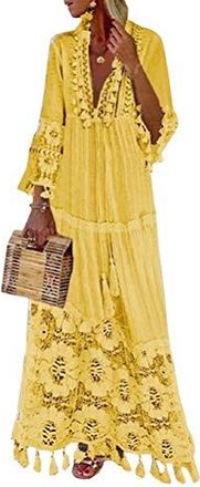 Minetom Robe Maxi Longue Femme &Eacute;l&eacute;gant Robe de Soiree Party Plage Boho Grande Taille Floral Dentelle Col V Manches 3/4 Sundress Jaune 48