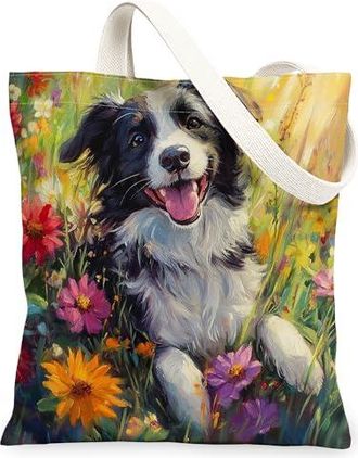 Generic Sac fourre-tout en toile motif border collie printanier 33 x 38,1 cm, motif fleurs color&eacute;es, sac d&eacute;picerie r&eacute;utilisable pour femme, animal de compagni