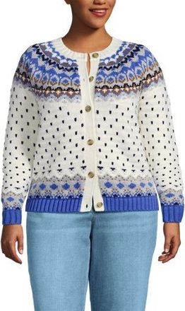 Lands End Fair Isle Cardigan aus Baumwollmix, Damen, Gr&ouml;&szlig;e:56-58 plus, Blau, Polyacryl/Schurwolle/Baumwoll-Mischung, by Lands End