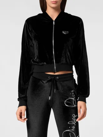 Philipp Plein Sweatshirt court en velours avec capuche et logo en strass