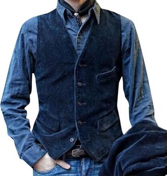 Generic Gilet daffaires en velours c&ocirc;tel&eacute; pour homme avec poches, style d&eacute;contract&eacute;, classique, vintage, col en V, pour mariage, f&ecirc;te, d&icirc;ner, Gilets bleus pou