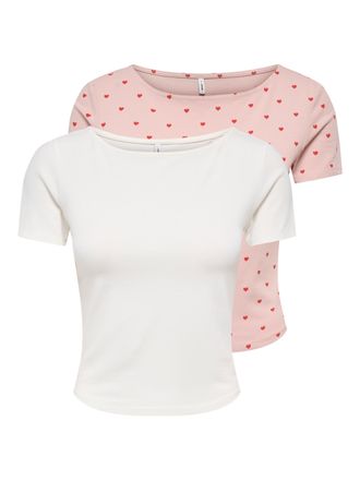 Only Kurzarmshirt ONLY ONLSUSAN SHORT S/S 2 PACK TOP CS JRS, Damen, Gr. M, cloud dancer pack:rose smoke with hearts, Jersey, Obermaterial: 95% Baumwolle, 5