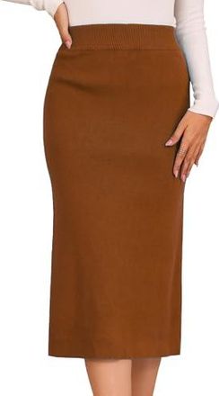 Allegra K Jupe mi-Longue pour Femme Taille Haute Pull Fendu Jupe Crayon Caramel L