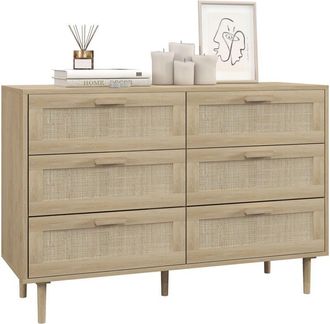 HOMCOM Homcom - Commode 6 tiroirs style bohème chic - dim. 110L x 40l x 75H cm - cannage rotin aspect bois clair