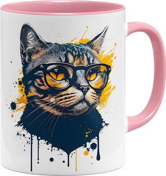 OM3 süße Tasse mit Katze Hipster Cat Kitten Kätzchen | Keramik Becher | 11oz 325ml | Beidseitig Bedruckt | Rosa