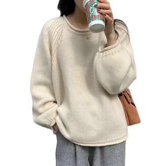 Generic QXDZSW Pull en laine &agrave; col rond pour femme Pull &eacute;pais Automne Hiver Mode Couleur unie V&ecirc;tements Tricot Top, beige, XL