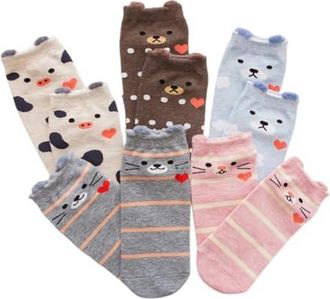 Generico Chaussettes de cheville avec oreilles danimal, chaussettes mignonnes avec porc et lapin pour femmes, 5 paires al&eacute;atoires, Taille Unique