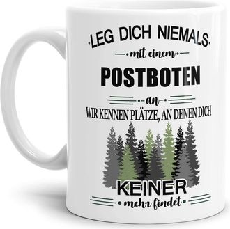 Tassendruck Berufe-Tasse Leg Dich Niemals mit einem Postboten an - Geschenk-Idee/Büro/Job/Arbeit/Witzig/Lustig/Weiss - Keramik - Tasse mit Henkel - 300ml