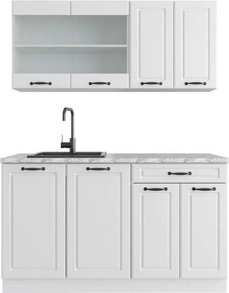 Vicco Singleküche R-Line, Weiß Landhaus/Weiß, 140 cm, AP Marmor, Vicco