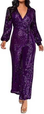 Generic Combinaison &agrave; paillettes &agrave; manches longues et col en V - Combinaisons pour femmes - Combinaison &eacute;l&eacute;gante pour femme - Pantalon long droit large avec p