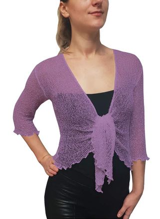 Mimosa Damen gehäkelter Bolero offener Cardigan Glitzer oder einfarbige super Dehnbare Spitzen-Fischnetz-Strickjacke Normal und Übergröße