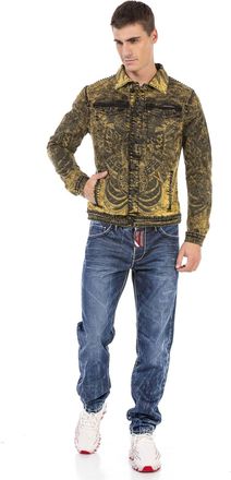 Cipo & Baxx Herren Jeansjacke CJ273 Gelb - Stylische Denim Jacke im Modernen Design mit Prints, Used-Waschung & Zierdetails - Modische &Uuml;bergangsjacke f&uuml;r Alltag, 