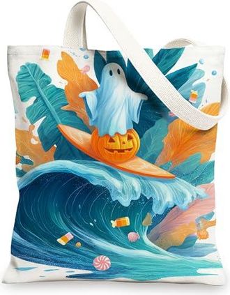 Generic Sacs fourre-tout en toile motif fantôme de surf, sacs dépicerie réutilisables, légers et lavables avec bandoulière, Coloré, 13x15 Inch