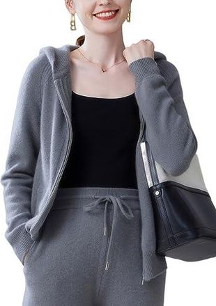 Dissa Gilet Cachemire Femme Capuche Gris Fermeture éclair Tricoté en Vrac Manches Longues épais Cardigan en Cachemire et Laine,42,ZSBR8336