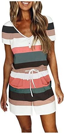 Generic Barboteuse courte sans manches pour femme - Grenouill&egrave;re d&eacute;t&eacute; pour femme avec manches - Combinaison courte &agrave; rayures avec poches lat&eacute;rales et short lo
