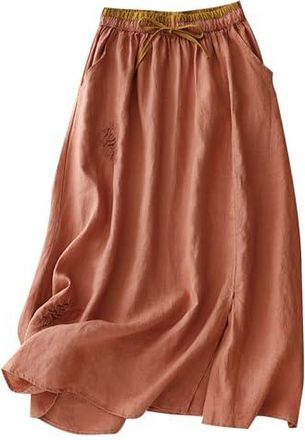Generic Jupe en coton et lin pour femme - Vintage - Broderie - Jupe midi - Ligne A - Taille &eacute;lastique - Jupe maxi - L&eacute;g&egrave;re - &Eacute;l&eacute;gante et d&eacute;contract&eacute;e - Pour f
