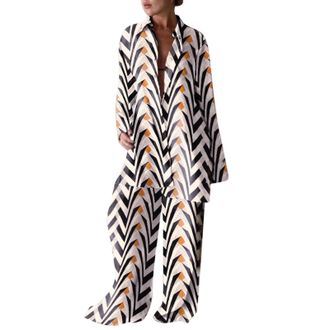 Generic Damen Zweiteiler Set Elegant Hosenanzug Langarm Revers Bluse + Weites Bein Hose Sommer Herbst Outfit Casual Loungewear Streetwear