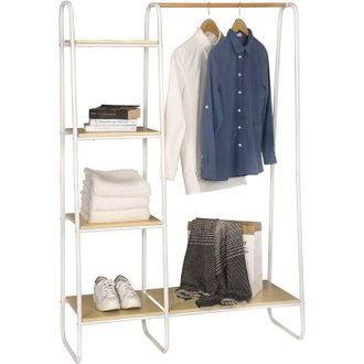 Woltu Porte-manteau avec 4 &eacute;tag&egrave;res de rangement WOLTU, Portant des v&ecirc;tement en m&eacute;tal et bois, 102x40x150 cm, Blanc+Ch&ecirc;ne clair