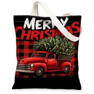 Generic Sacs fourre-tout en toile de No&euml;l, motif camion, sacs d&eacute;picerie, sacs d&eacute;picerie r&eacute;utilisables, vintage, l&eacute;gers, lavables en toile, Rouge, 13x15 Inch