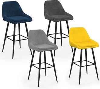 IDMarket Lot de 4 tabourets de bar THALYA en velours mix color bleu, gris clair, gris foncé, jaune avec demi-accoudoirs