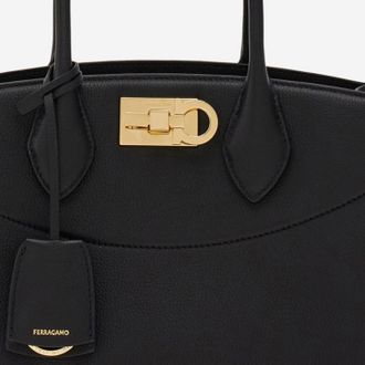 Ferragamo Womens Handbag Textured Leather Black Calfskin Handbags Hand Bags