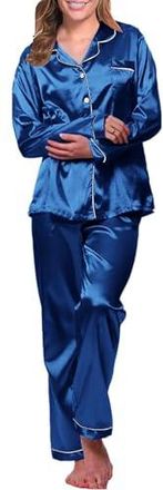 Generic Ensemble de Pyjama pour Femme Set Pyjama Femme Ensembles de Pyjama Femme en Satin V&ecirc;tements De Nuit en Soie satin&eacute;e Deux Pi&egrave;ces &agrave; Manches Longues &agrave; la
