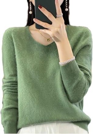 Generic Pull confortable en laine pour femme avec col en V - Pour lautomne et lhiver - Pull ample en tricot doux - 100 % laine, Vert-a, L