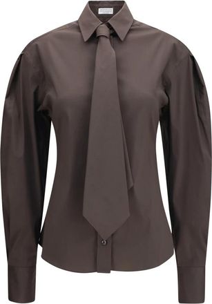Brunello Cucinelli Hemdkragen aus Baumwollmischung mit Krawatte - - Blouses & Shirts - Damen - Braun - L