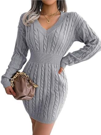 Generic Mini robe pull d&eacute;contract&eacute;e &agrave; manches longues en tricot torsad&eacute; avec col en V pour femme - Automne et hiver - Coupe ajust&eacute;e, gris, L