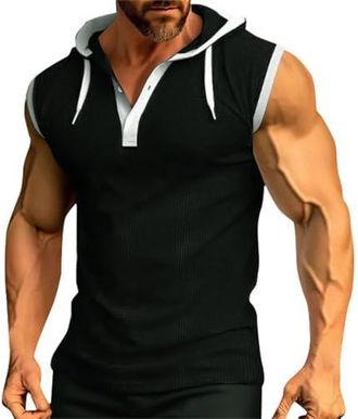 Generic DENGJIAMY D&eacute;bardeur &agrave; capuche sans manches gaufr&eacute; pour homme - T-shirt d&eacute;t&eacute; &agrave; boutons et col en V pour homme, Noir, XXL