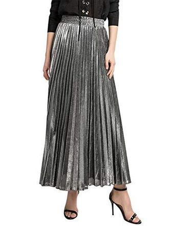 ORANDESIGNE Taille Haute Jupe Femmes Fluide Longue Jupes de Plage &Eacute;t&eacute; Pliss&eacute;e Vintage Maxi Skirts Mode Casual Couleur Pur Argent&eacute; Large
