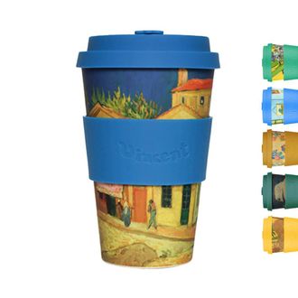 Ecoffee Cup Van Gogh Collection wiederverwendbarer, umweltfreundlicher Kaffeebecher auf 100 % pflanzlicher Basis, 400 ml, mit Silikondeckel und H&uuml;lle, melaminfrei