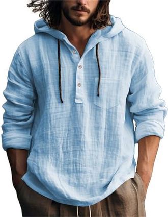 Generic Chemise en coton et lin pour homme, chemise &agrave; manches longues &agrave; capuche demi-boutons, chemise l&eacute;g&egrave;re et respirante, chemise d&eacute;contract&eacute;e, couleur unie