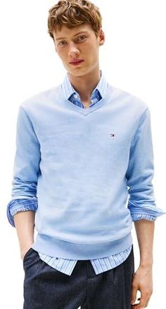 Tommy Hilfiger Cotton Solid V Neck Sweater Lightweight Pullover, Vessel Blue Heather, XXL Homme