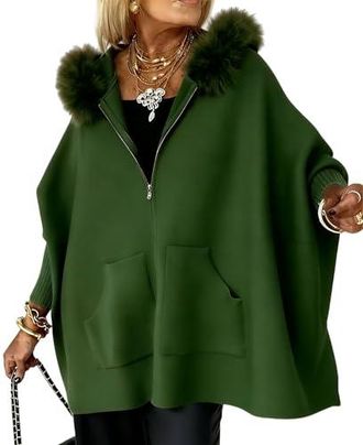 Generic Femmes Manteau en Fausse Fourrure avec Col en Fourrure, Veste Casual &agrave; Couleur Unie, Capuche avec Fermeture &Eacute;clair et Bordure en Fausse Fourrure, Manc