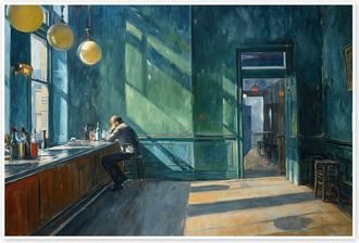 Posterlounge Erste Sonnenstrahlen im Café Hopper Poster von Felipe Hora 90 x 60 cm Blau Wandbilder Wanddeko