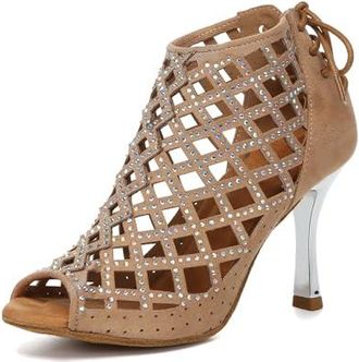 Minitoo Bottines de danse latine pour femme avec cristaux découpés, L643 Marron Talon 9 cm, 37.5 EU