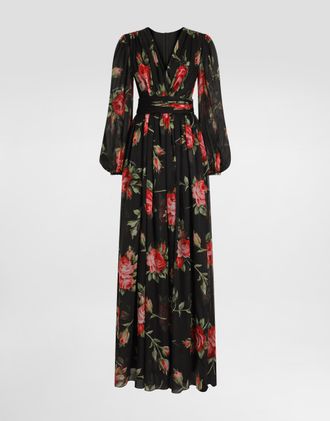 Dolce & Gabbana Langes Kleid Aus Chiffon Mit Rosenbouquet-print - Frau Kleider Mehrfarbig 44