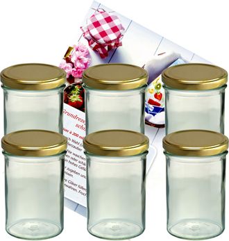 MamboCat 6er Set Sturzglas 435 ml Marmeladenglas Einmachglas Einweckglas to 82 Goldener Deckel incl. Diamant-Zucker Gelierzauber Rezeptheft