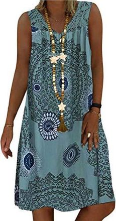 ORANDESIGNE Robe Été Femme de Plage Rétro Robes Col V Robes au Genou sans Manche Unie Casual Tuniques Ample Décontractée Midi Robe Y1 Vert 48