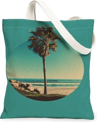 Generic Sacs fourre-tout en toile de palmier, motif sc&egrave;ne de plage, sacs d&eacute;picerie r&eacute;utilisables, sacs d&eacute;picerie vintage, l&eacute;gers, lavables en toile, bleu sarc