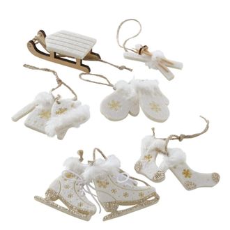 B&B 6 teiliges Set Christbaumschmuck Weiss Holz Filz Schlittschuhe Ski Schlitten Nostalgie Alpen Thema Winter Ski Fahren Baumschmuck Chirstbaumdeko H&auml;nger