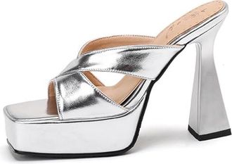 Generic Mules D&eacute;fil&eacute; Minimalistes Bretelles Crois&eacute;es Plateforme Femme 12CM Haut Talon &Eacute;pais Carr&eacute; Bout Ouvert &agrave; Enfiler Sandales pour S&eacute;ance Photo &Eacute;ditoriale 