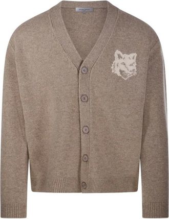 Maison Kitsun&eacute; Cardigan en M&eacute;rinos &agrave; t&ecirc;te de renard - Homme - Pulls - Beige - Taille: L