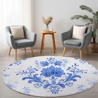 Generic Bleu Tapis Rond Art D&eacute;co - 160 cm Lavable Doux et antid&eacute;rapant Tapis, Aquarelle Style Vintage Fleurs Impression pour Chambre &agrave; Coucher Salon Vestibule