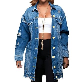 Generic Veste en jean pour femme, jean d&eacute;chir&eacute;, tenue d&eacute;contract&eacute;e, v&ecirc;tement dext&eacute;rieur en denim, manteau bleu fonc&eacute;, taille XXL
