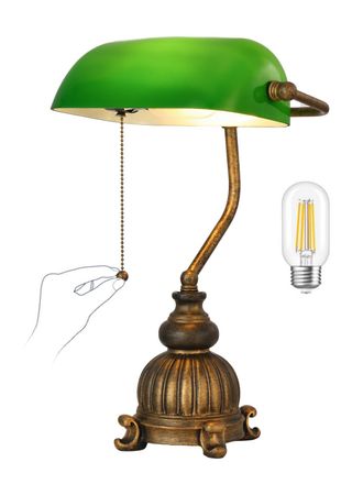 Newrays Retro Green Glass Banker Schreibtischlampe für Home Office, Bibliothek mit Pull -Kettenschalter -Plug -in -Einrichtung, LED -Glühbirne enthalten