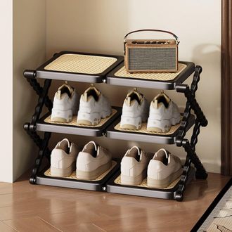 Generic Faltbares Schuhregal, Offene Schuhablagen mit Verstellbare Regalh&ouml;he, Schuhst&auml;nder Aus Rattan mit X-F&ouml;rmiger Halterung for Eingangsbereich, Wohnzimmer